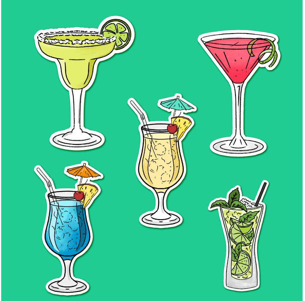 Happy Hour Cocktail Stickers – Waterproof, Hand-Drawn & Fun – Footnotes ...